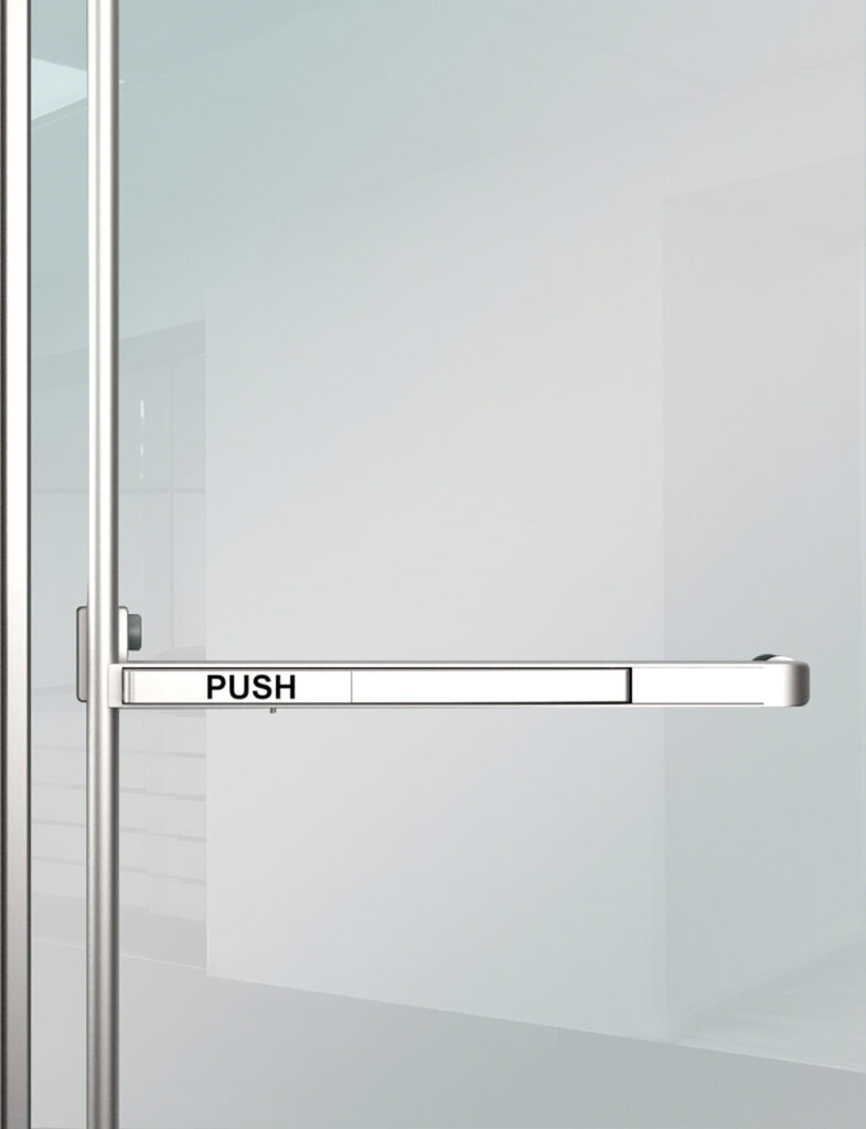 Emergency exit features narrow crash bar - Metal Architecture